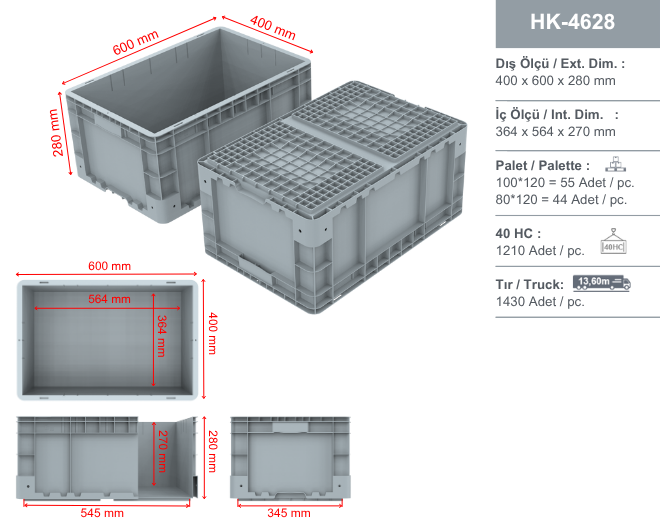 400 x 600 mm Solid Crates - HK-4628 Plastic Crate - Closed Plastic ...